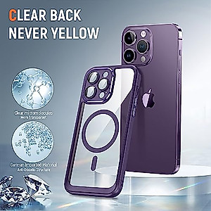 Oneagle Magnetic for iPhone 14 Pro Max Case Clear, [Compatible with Magsafe][30X Anti-Yellow][Built-in Lens Protector][Metal Lens Frame],14 Pro Max Phone Case with 2 Screen Protectors(Deep Purple)