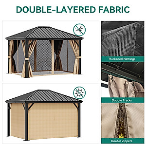 YITAHOME 10x12ft Hardtop Gazebo with Nettings and Curtains, Heavy Duty Galvanized Steel Outdoor Vertical Stripes Roof for Patio, Backyard, Deck, Lawns, Brown