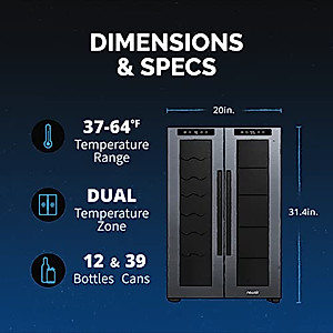 NewAir 12 Bottle/ 39 Can Wine Cooler Refrigerator | Shadow Series | Dual Temperature Zones, Freestanding Mirrored Wine and Beverage Fridge with Double-Layer Tempered Glass Door & Compressor Cooling