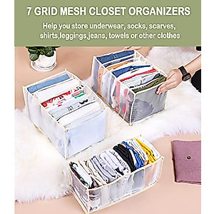 Wardrobe Clothes Organizer, 7 Grids Drawer Organizers for Clothing, Bedroom clothes organizer for folded clothes, Closet Organizers and Storage Baskets for Pants,T-Shirts, Jeans (5 Pack 2M+3L)
