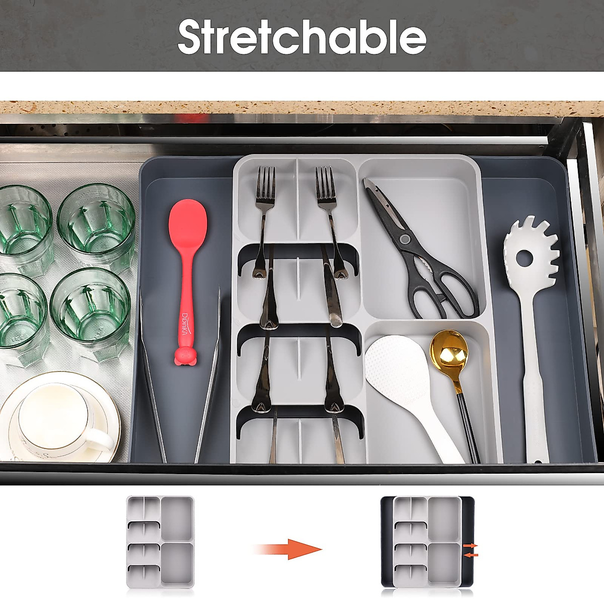 BRAQ Expandable Cutlery Organizer in Drawer, Flatware Drawer Tray for Kitchen Silverware, Flatware and Utensil Storage, Perfect Size:15.35"*11.02"-19.29"*2.16"