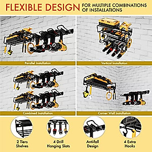 PITCH + PULSE Power Tool Organizer, Garage Tool Storage Organization, Drill Holder Racks Wall Mount Floating Shelf Set for Workshop Shed Pegboard Fitted