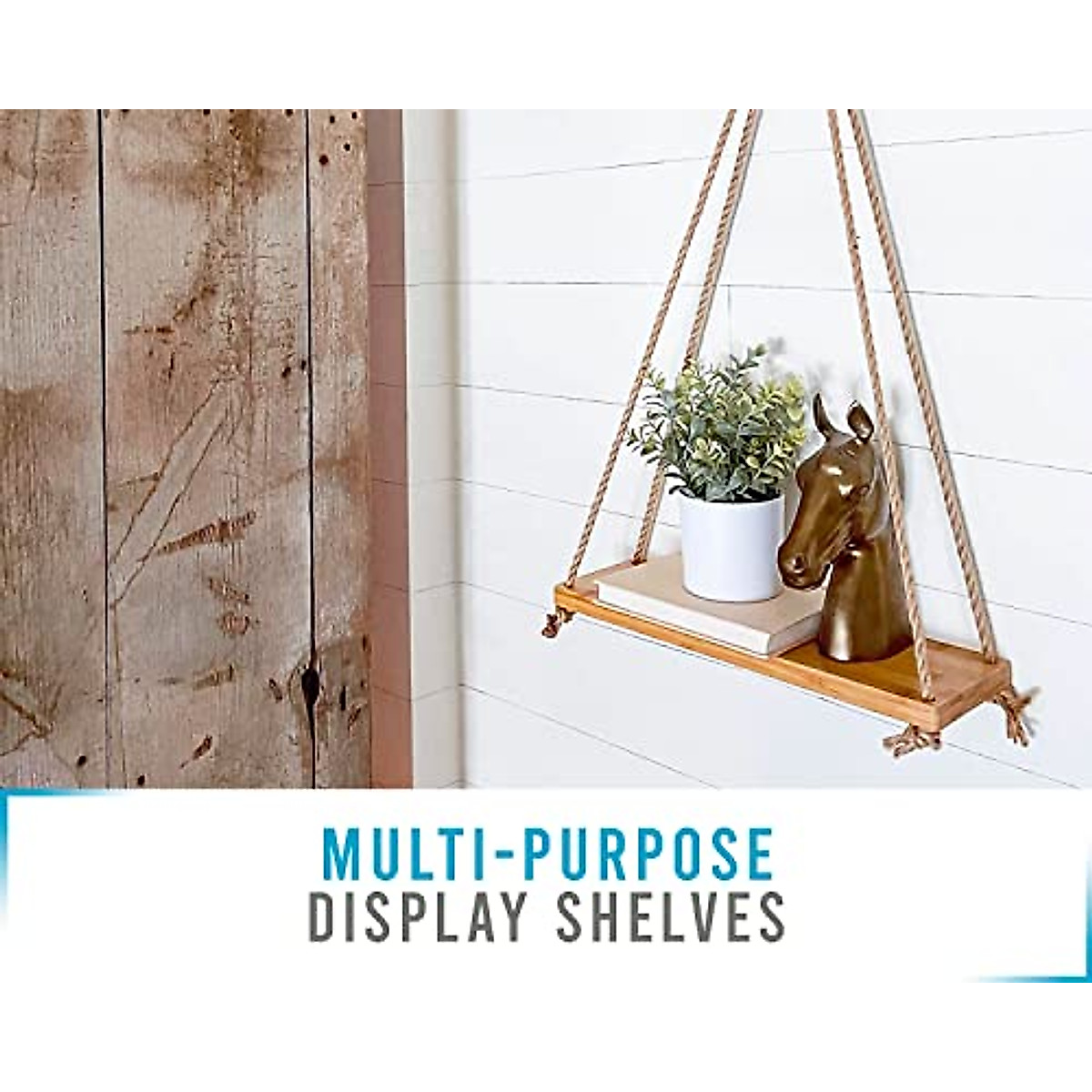 Comfify Modern Set of 2 Wooden Floating Shelves with String – Farmhouse Boho Wall Decor for Living Room Wall – Natural Wood Decorative Shelves with Rope – 17”x5.2” - Natural Color