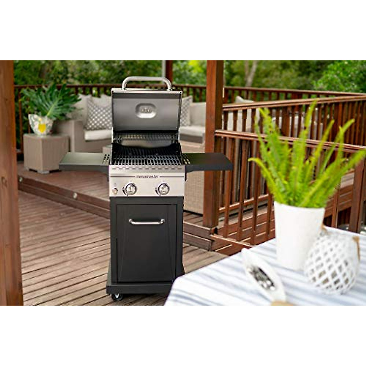 Megamaster 720-0864MA 2 Burner Propane Barbecue Gas Grill, for Camping, Outdoor Cooking, Patio, Garden Barbecue Grill, 28000 BTUs, with Foldable Side Table, Silver and Black