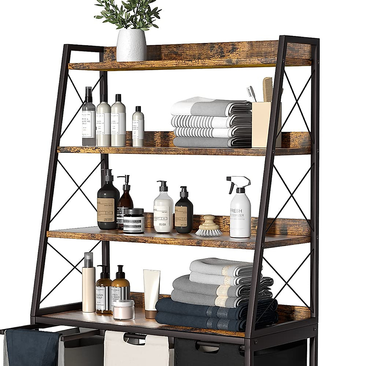 Herture Laundry Basket, 3 Section Laundry Hamper with 4 Tiers Shelf, Pull-Out and Removable Laundry Bags, Large 3 x 15.87 Gallons, for Laundry Room Bathroom Rustic Brown PF05XLN