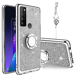 Easyscen Case for TCL 30 XL (6.82"), Clear Glitter Soft TPU Shockproof Protective Bumper Cover with Kickstand Lanyard, Sparkly Cute Slim Women Girls Phone Case for TCL 30 XL T701DL - Silver