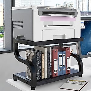 PUNCIA 2 Tiers Wood Black Home Office Desktop Printer Stand Laser Printer Copier Stand with Storage Tabletop Heavy Duty Rack Desk Organizer Shelf Dual for Small Space Double Tiers Tray