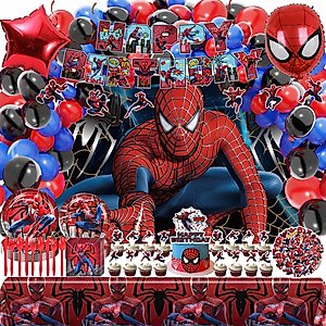 Spider Birthday Decorations, Spider Party Decorations, Spider Birthday Party Supplies, Include Spider Balloons Arch Garland, Plates, Backdrop, Stickers, Hero Banner, Hanging Swirl Decorations for Kids