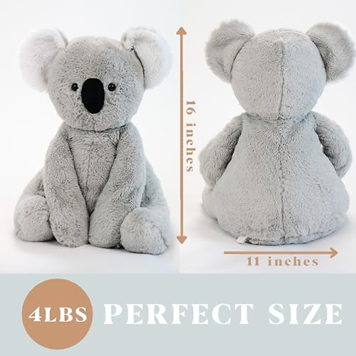 BAM + Crew Big Stuffed Animals - 16" Distributed 4lbs Koala Large Stuffed Animal for Adults & Kids - A Cuddly Koala Bear Cute Plush Toy Pillow, Gifts for Adults, Kids, Boys and Girls