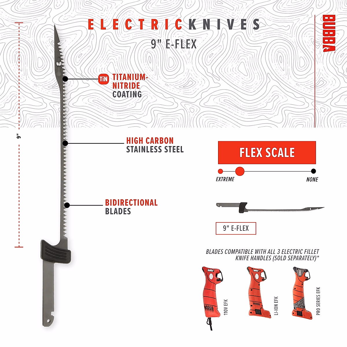 BUBBA 9 Inch E-FLEX Electric Fillet Blade with Ti-Nitride Coated Hollow Stainless Steel Non-Stick Reciprocating Construction for Fishing and Outdoors