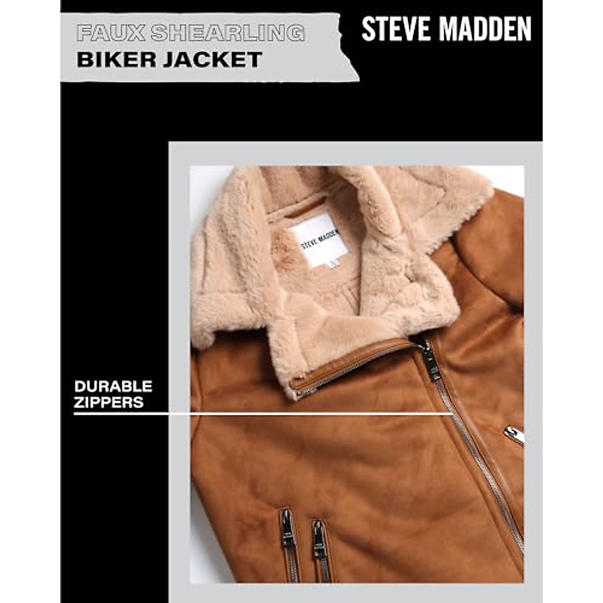 Steve Madden Women's Winter Coat - Faux Leather Moto Biker Jacket - Faux Shearling Lined Heavyweight Jacket for Women, S-XL, Size Large, Cognac
