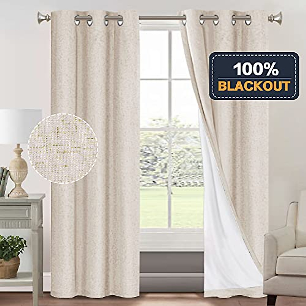 PrinceDeco Primitive Textured Linen 100% Blackout Curtains for Bedroom/Living Room Energy Saving Window Treatment Curtain Drapes, Burlap Fabric with White Thermal Insulated Liner (42 x 84in, Natural)