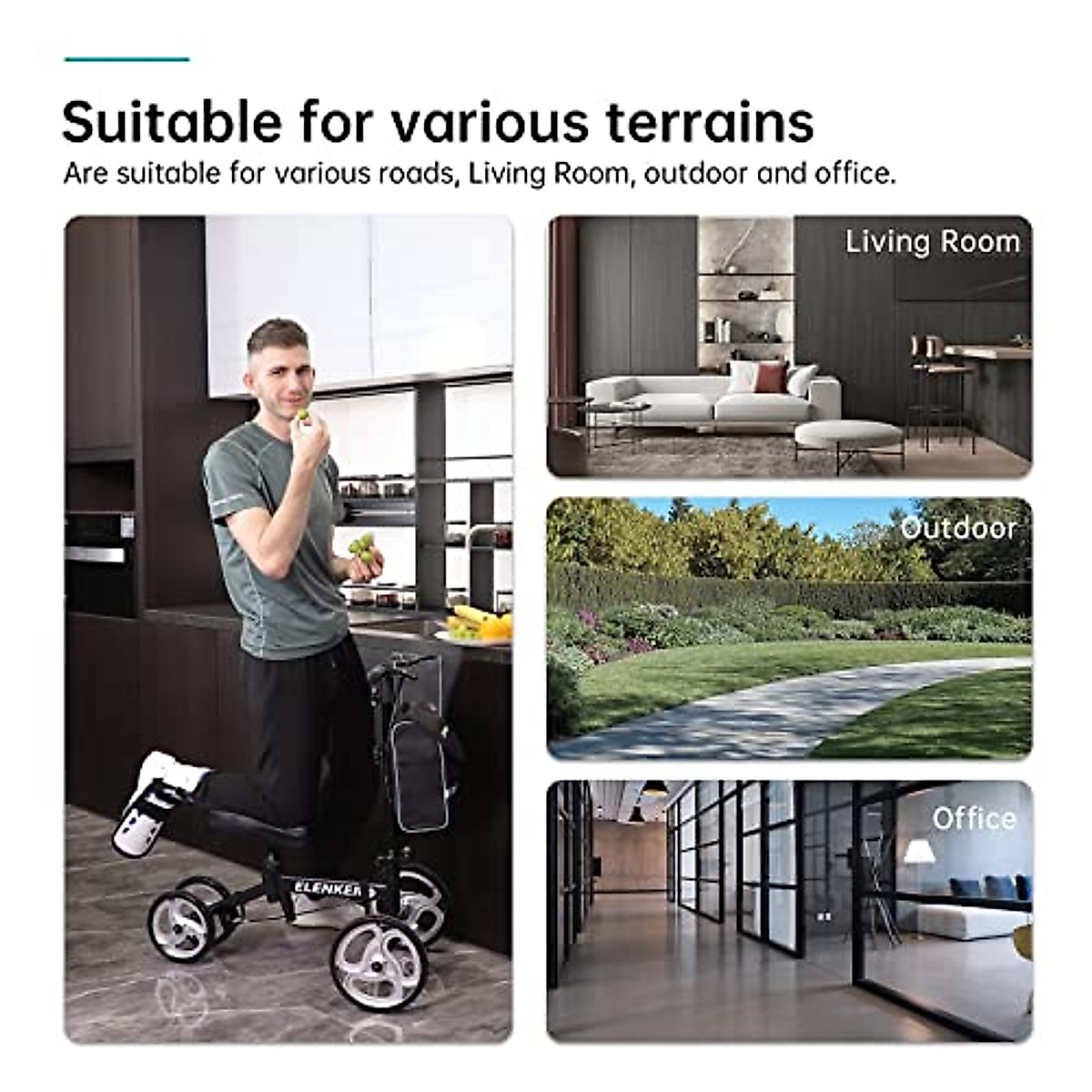 ELENKER Steerable Knee Walker with 10" Front Wheels Deluxe Medical Scooter for Foot Injuries Compact Crutches Alternative Black