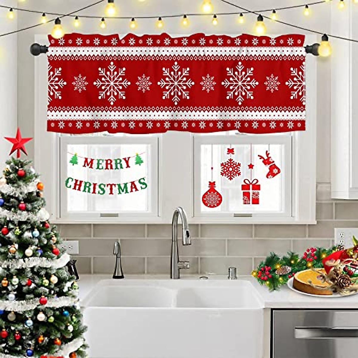 Millxiu Christmas Kitchen Curtain Valance 42x12 inch Merry Christmas White Snowflake Red Backdrop Window Valance for Kitchen and Bathroom,Rod Pocket Short Valances Window Treatment