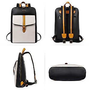 CLUCI Leather Laptop Backpack for Women 15.6 inch Computer Backpack Stylish Travel Backpack Purse for Women Work Daypack Bag Black-white with yellow