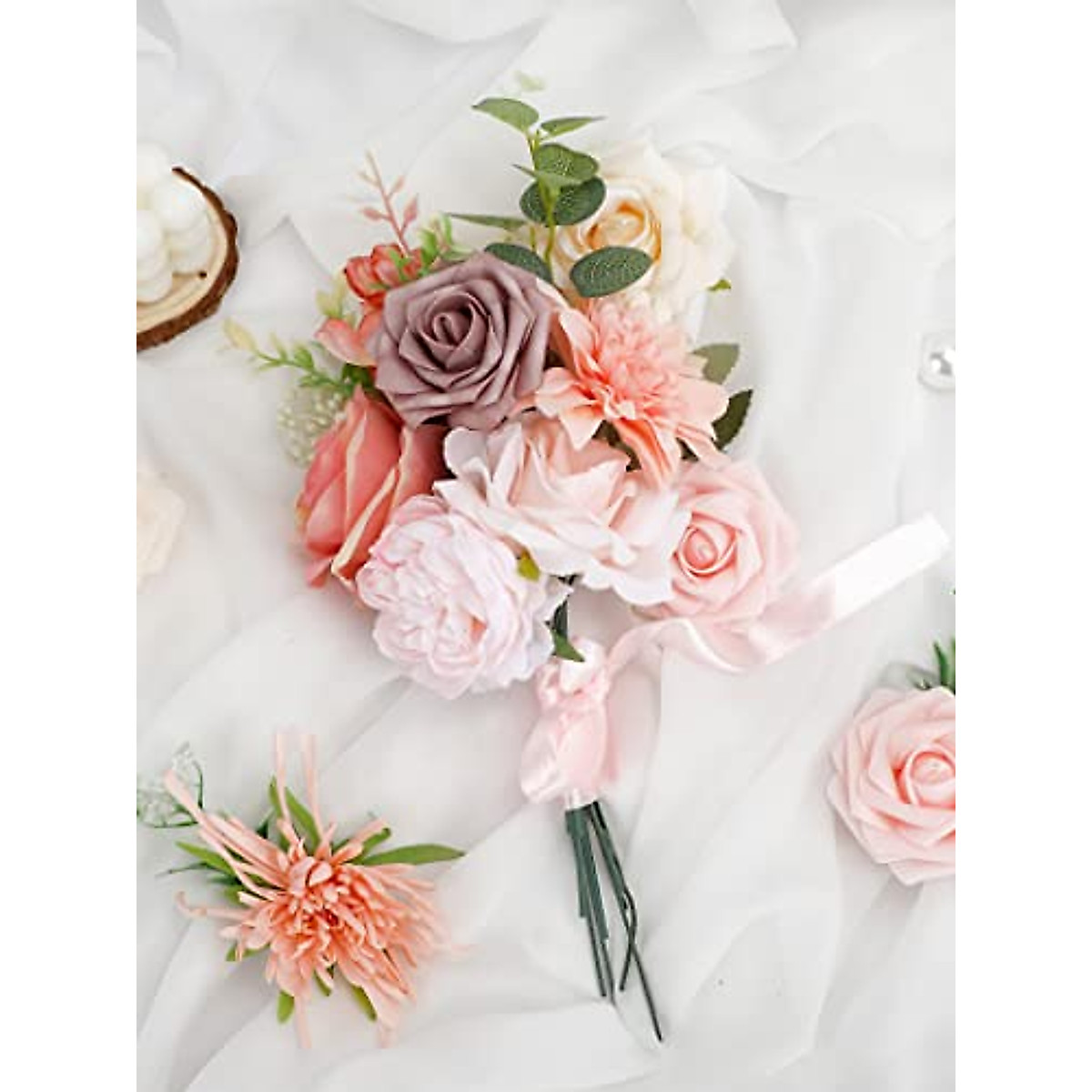 JPSOR Dusty Rose Flowers Fake Roses, Blush Flowers Pink Roses Artificial Flowers Combo Box Set with Foam Flowers for DIY Wedding Bouquets Bridal Shower Centerpieces Table Decoration