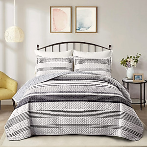 Mybedsoul Grey Boho Quilt Set King Size,3 Pieces Striped Bedspread,Soft Microfiber Coverlet for All Season-1 Quilt and 2 Pillow Shams,90"x104"