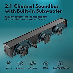 wogree 2.1ch Soundbar with Built-in Subwoofer, 80W 24 Inch Compact Small Sound Bars for TVs, Home Audio TV Speakers Support Bluetooth, TV-ARC, Optical, AUX, Line-in, and USB Input