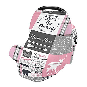 Personalized Baby Car Seat Cover for Girls, Custom Nursing Covers for Breastfeeding with Name, Infant Stroller Cover, Baby Carseat Canopy for Newborn, Multiuse Car Seat Canopies, Woodland Deer Pink