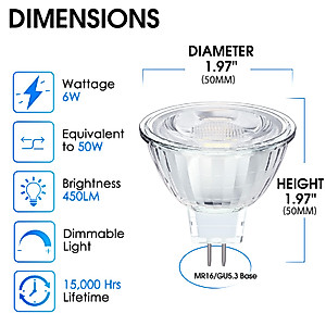 Energetic Dimmable MR16 6W 12V LED Light Bulb, 50W Halogen Equivalent, CRI 90+, GU5.3 Bi-Pin Base, 40 Degree Beam Angle, 3000K Warm White, for Landscape, Recessed, Track Lighting, UL Listed, 12Pack