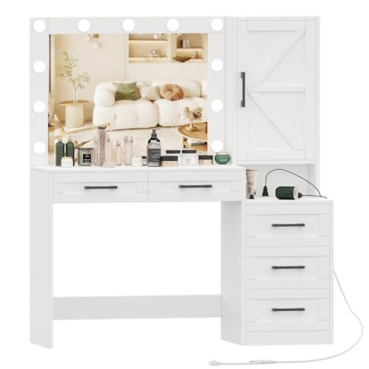 Irontar Makeup Vanity Desk with Charging Station, Farmhouse Makeup Desk with Lights Mirror and Drawers, Vanity Table with Side Cabinet, Dressing Table for Women, White WDT008W