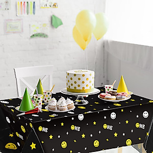 4 Pieces One Happy Dude Birthday Party Tablecloths Smile Face Tablecloth Party Decoration 54 x 108 Inch Rectangle Plastic Tablecloth Decoration Holiday Party Supplies