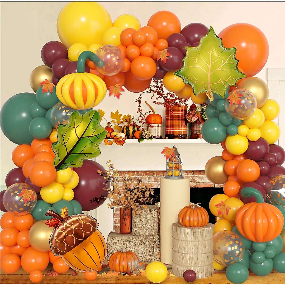 Ouddy Life 196 Pcs Fall Balloons Arch Garland Kit, Fall Party Decorations Orange Green Yellow Burgundy Maple Leaves Pinecone for Autumn Friendsgiving Thanksgiving Little Pumpkin Baby Shower Decor