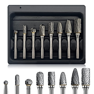 Carbide Burr Set, 1/4" Shank Die Grinder Bits, Tungsten Rotary Tool Bits Double Cut Rasp Files for Metal Weld Wood Stone Concrete Grinding Deburring Trimming Polishing Cutting, 8-pc in Sturdy Case