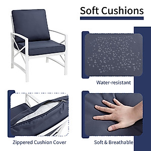 SUNLEI Patio Furniture 3-Piece Conversation Set, Small Outdoor Furniture with Deep Cushion Loveseat Sofa and Matching Side Coffee Table, Outside Metal Sofa Set for Balcony, Yard, White & Blue