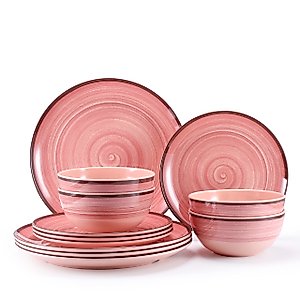 12Pcs Melamine Dinnerware Set, Plates And Bowls Sets for 4, Pink Color Dinnerware Sets, Melamine Plates Bowls Indoor and Outdoor Use Dish Set Dishwasher Safe BPA Free(Pink)