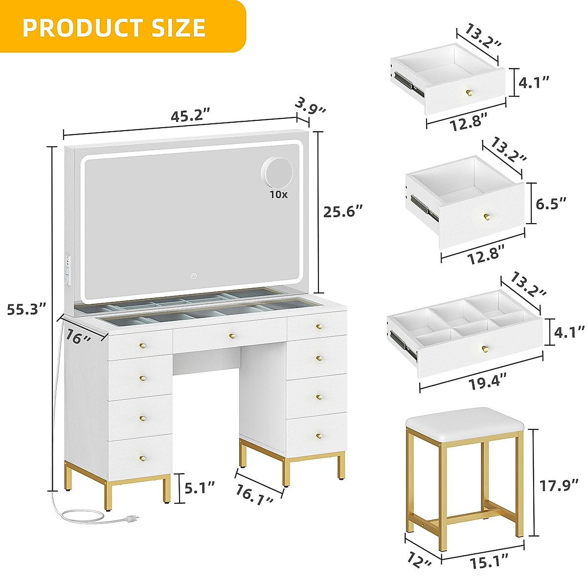DWVO Vanity Desk Set with Large LED Lighted and Mirror & Power Outlet, Glass Top Vanity with Adjustable 3 Color Lighting Modes and 9 Drawer Magnifying Glass, 47" Makeup Vanity Desk with Bench, White