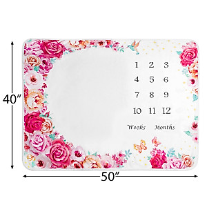 by ALEENTA Month Blanket for Baby Girl, Baby Milestone Blanket Girl with Flowers and Butterflies, Pink Baby