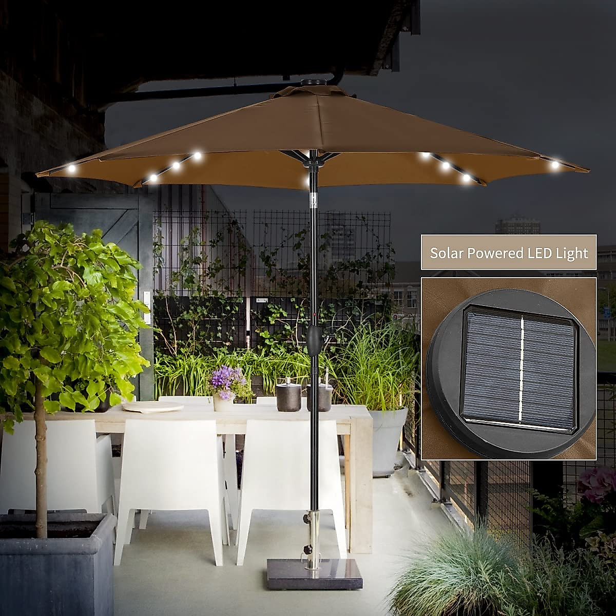 Sunoutife 10FT Patio Umbrella with 40 Solar LED Lights, Large Outdoor Table Umbrella with Tilt Adjustment and Crank for Market Garden Backyard & Pool
