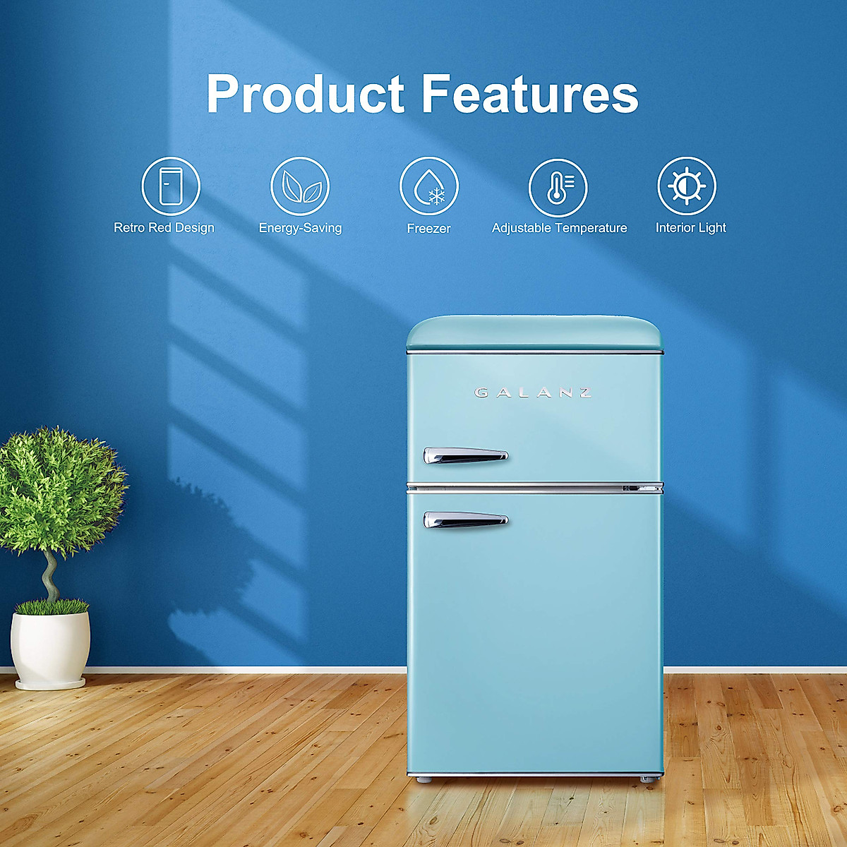 Galanz GLR31TBEER Retro Compact Refrigerator, 3.1 Cu FT, Blue & GLCMKZ07BER07 Retro Countertop Microwave Oven with Auto Cook & Reheat, Defrost, Quick Start Functions, 7 cu ft, Blue