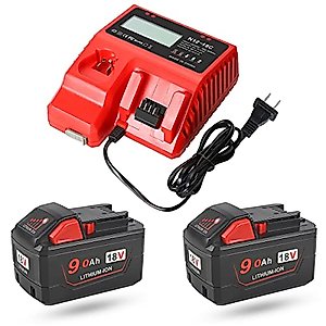 18V 9.0 Ah Battery and Charger Combo Kit for Milwaukee M-18,Replace for Milwaukee Red Lithium XC Batteries(2)+ 18V Battery Charger 48-59-1812
