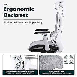 Memobarco Ergonomic Office Chair, High Back Desk Chair with Lumbar Back Support, 3D Adjustable Armrest & 3D Headrest, Comfortable Computer Mesh Chair with PU Wheels for Executive, Gaming, White