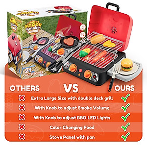 Extra Large 2-Layer BBQ Grill Playset with Pretend Smoke, Light, Sound & Color-Changing Food, Kitchen Toy Set,Pretend BBQ Grill Toy Set for Kids (25X13X12 Inch)