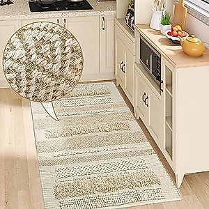 SUMGAR Boho Tribal Area Rug-3x5 Woven Cotton Rug for Bedroom, Washabel Rug, Bedroom Decor, Beige Cream Neutral Rug, Handmade Tufted Knoted Soft Rug with Sparkle Gold Metalic, for Living Room Entryway