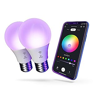 Globe Electric 34207 Wi-Fi Smart 10 Watt (60W Equivalent) Multicolor Changing RGB Tunable White Frosted LED Light Bulb 2-Pack, No Hub Required, Voice Activated, 2000K - 5000K, A19 Shape, E26 Base