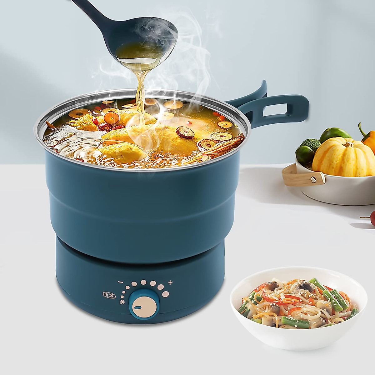 Foldable Electric Hot Pot, Mini Ramen Cooker with Handles, Noodles Pot, Multifunctional Electric Cooker for Pasta, Shabu-Shabu, Oatmeal, Soup and Egg with Over-Heating Protection (Green)