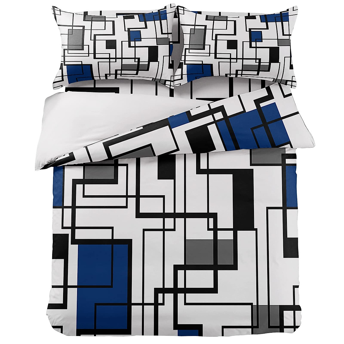 Blue Square Geometric Art Duvet Cover Sets 4 Piece Queen Ultra Soft Bed Quilt Cover Set for Kids/Teens/Women/Men,Modern Gray Abstract Lines White Back Bedding Collection All Season Use