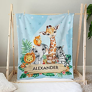 Toyshea Safari Blanket Personalized Baby Blankets with Custom Name 30x40 50x60 60x80 Animals Soft Fleece Or Sherpa Throws for Kids Baby Girls Boys Toddler Newborn Children Babies Nursery Stuff Gifts