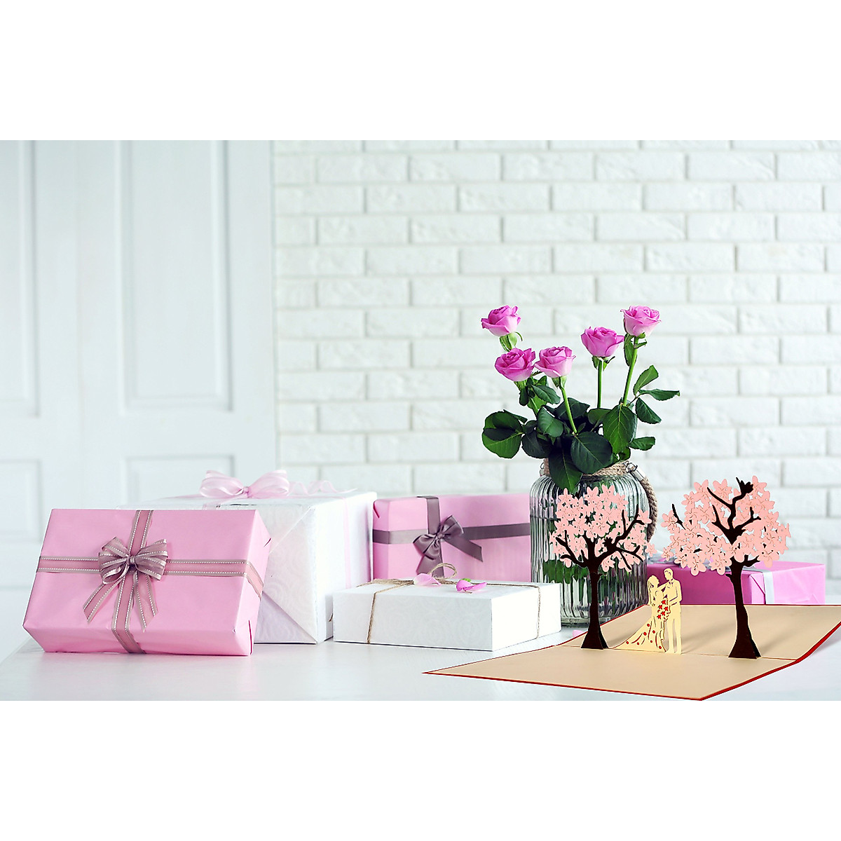 cherry blossom tree wedding cards, unusual wedding pop up cards with envelope, wedding invitations, wedding wishes, wedding anniversary greetings, tie the knot invite, congrats to bride and groom, L10