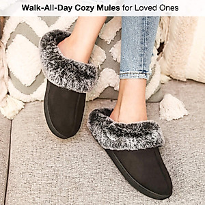 HomeTop Women's Classic Microsuede Memory Foam Slippers Durable Rubber Sole with Warm Faux Fur Collar (9-10 M, Black)