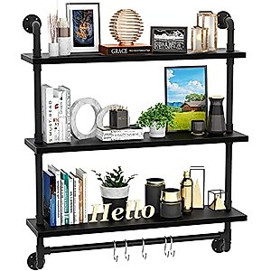 armocity 3 Tier Floating Shelves Industrial Pipe Shelving Iron Pipe Shelves with Towel Bar, Wood Bathroom Shelves Wall Mounted Pipe Wall Shelf with Hooks for Bedroom, Bathroom, Living Room, Black