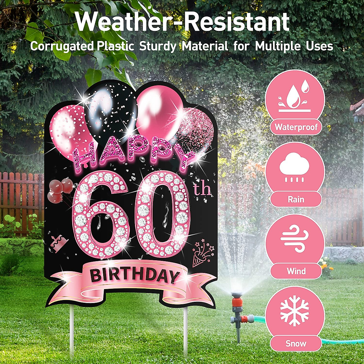 2Pcs Rose Gold 60th Birthday Yard Sign Decorations for Women, 16'' Happy 60th Birthday Waterproof Lawn Signs Decorations with Stakes Made in 1963 Birthday Party Supplies Decor Outdoor