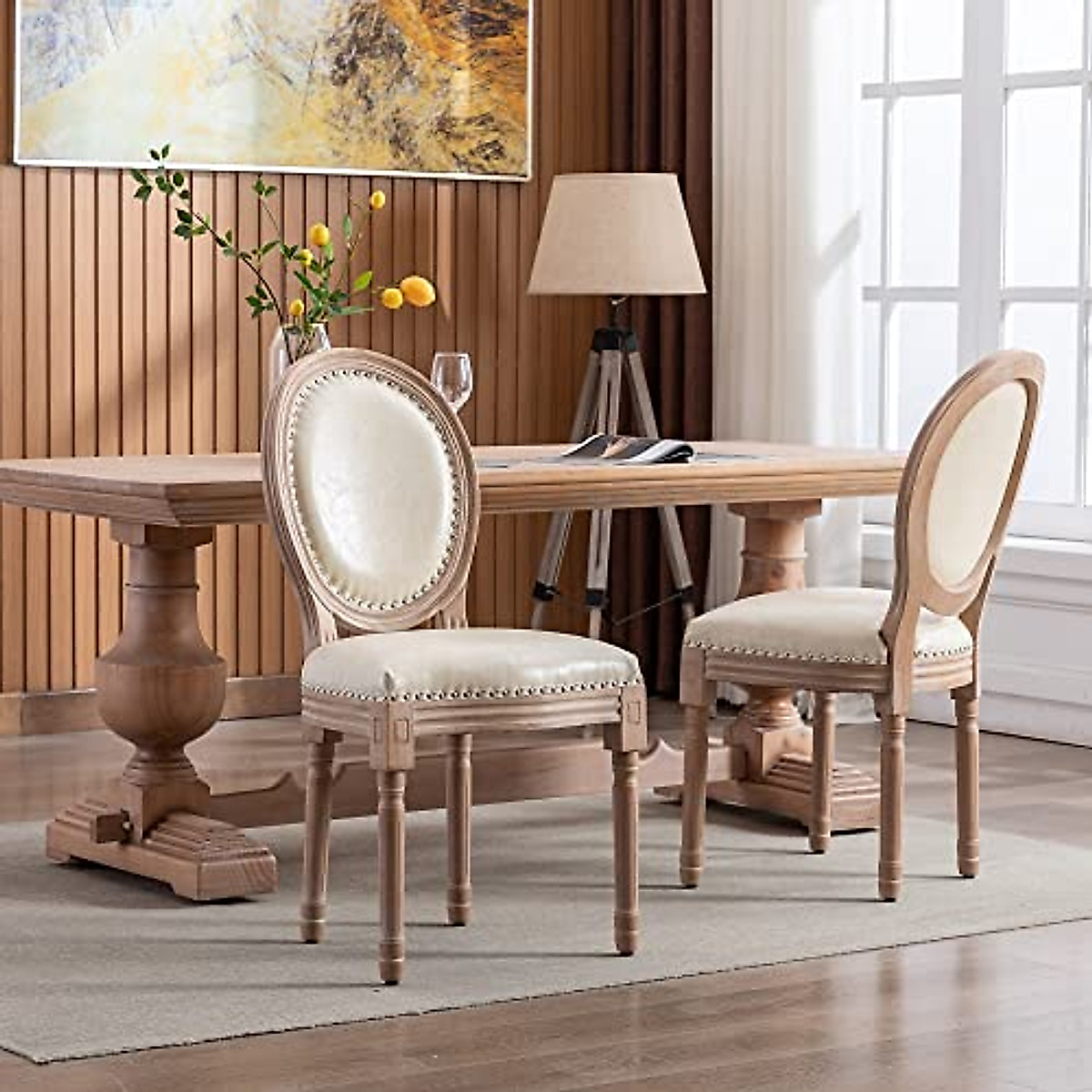 GOOLON Dining Chair PU Leather French Dining Chair Set of 2 Vintage Chair Round Backrest Upholstered Armless Chair with Wood Leg Mid Century Chair for Dining Room Kitchen Beige