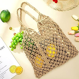 2 Pcs Women Travel Beach Bag Cotton Rope Travel Beach Fishing Net Handbag Tote Summer Weave Rattan Mesh Shoulder Purse (Brown)