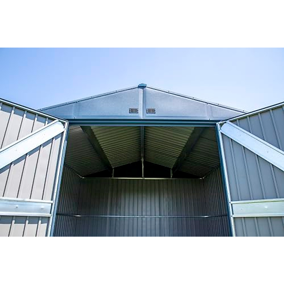 Arrow Shed Elite 14' x 16' Outdoor Lockable Gable Roof Steel Storage Shed Building, Blue Grey