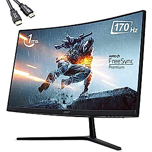 acer 23.6" FHD 1200R Curved Widescreen VA Gaming Monitor, 170Hz Refresh Rate, 1ms (VRB), AMD FreeSync Premium, 178° Wide View Angle, Zero-Frame, 2 x HDMI Ports & 1 x Display Port w/HDMI Cable